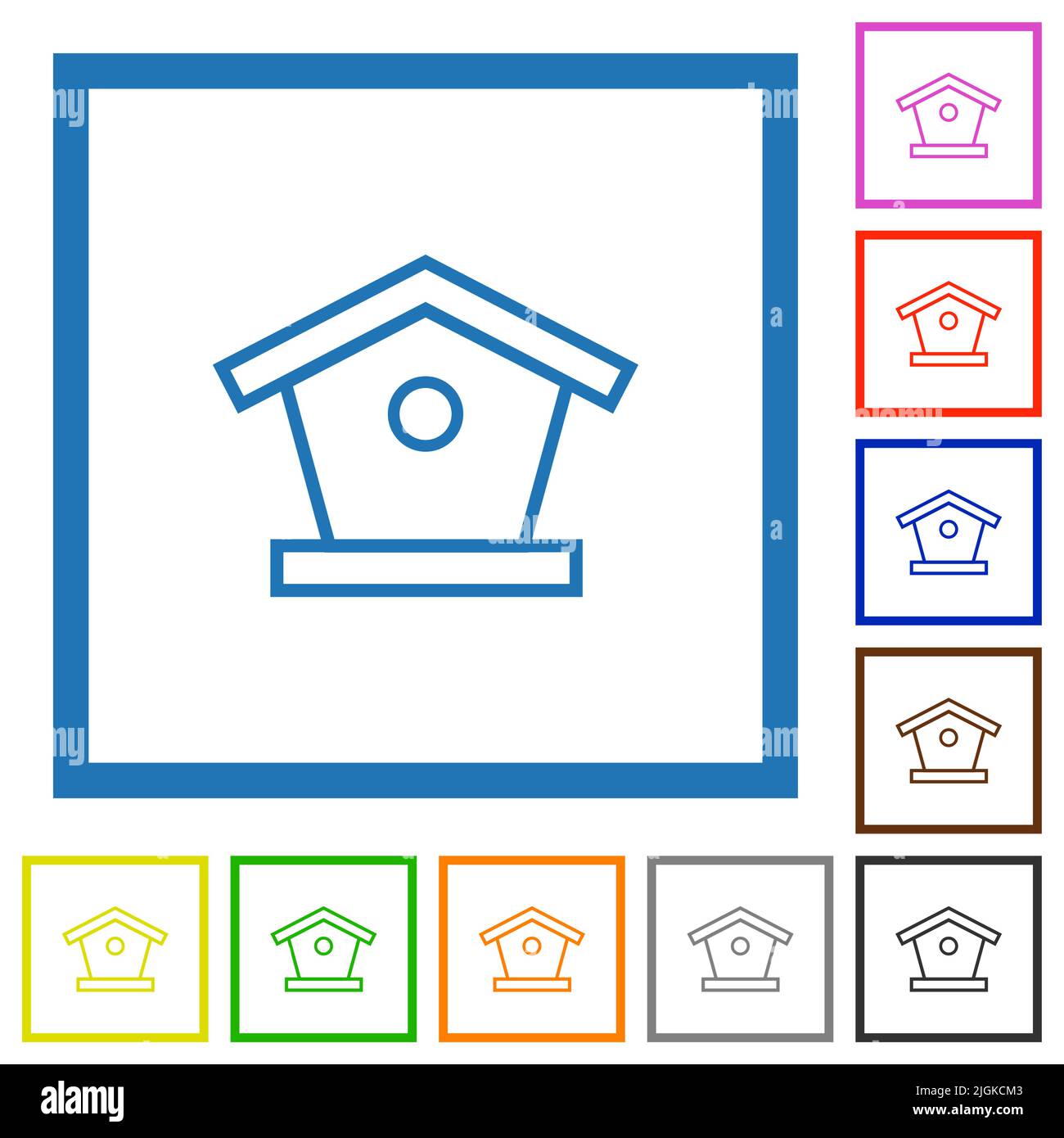 Bird feeder outline flat color icons in square frames on white ...