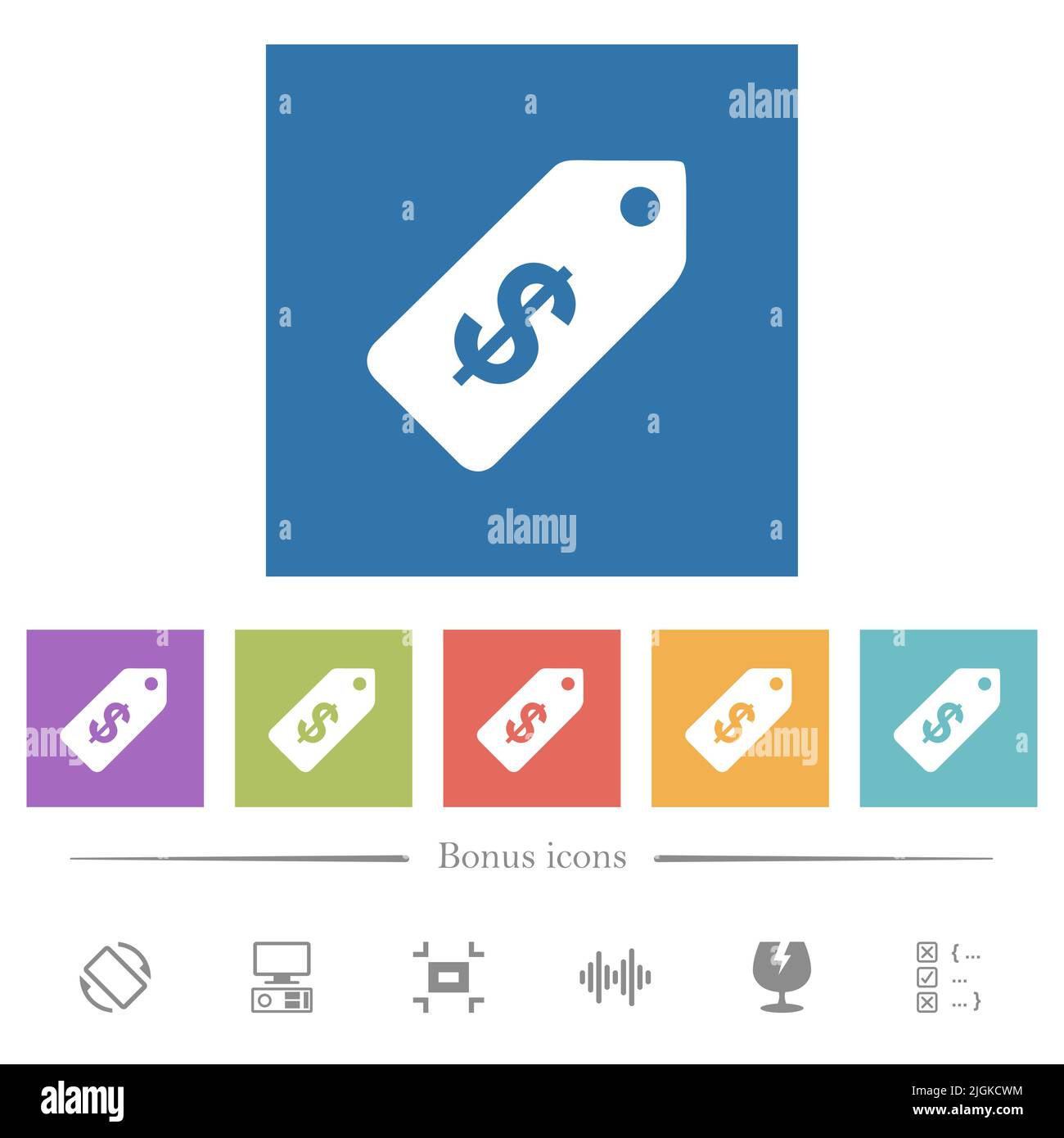 Dollar price label flat white icons in square backgrounds. 6 bonus ...