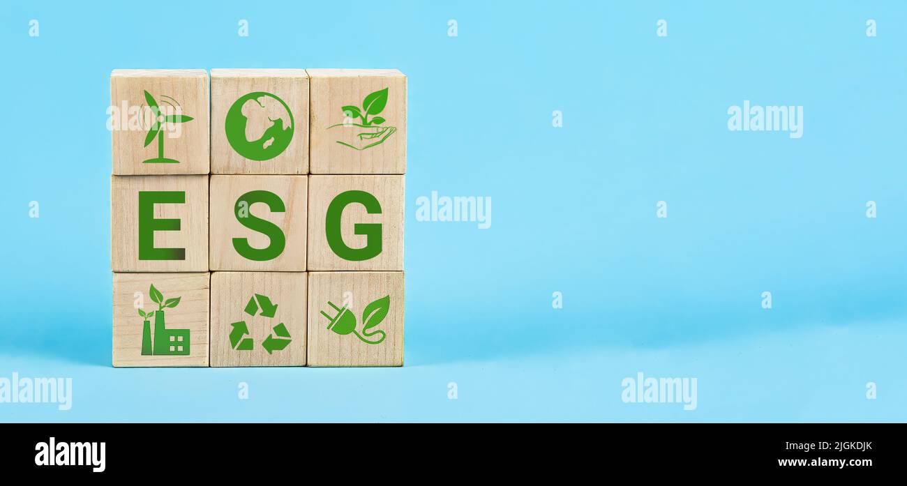 ESG Words on a wood cubes. ESG concept of environmental, social and ...