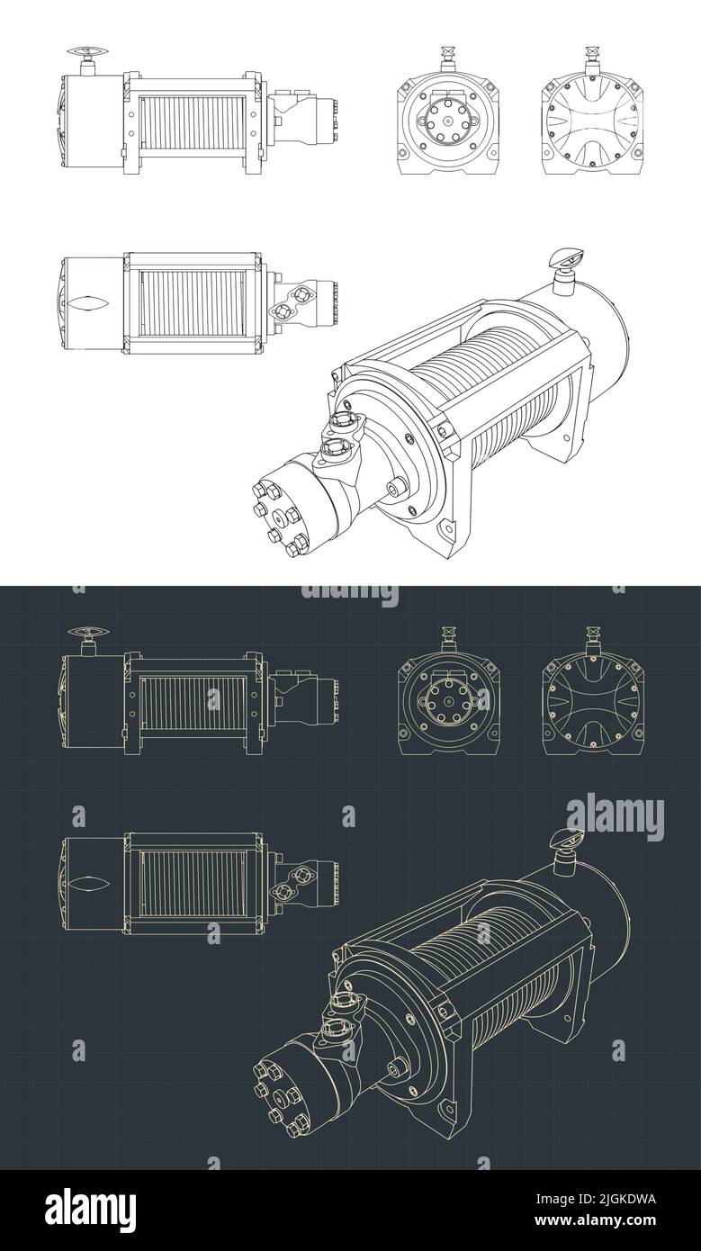 Stylized vector illustrations of drawings of hydraulic winch Stock ...