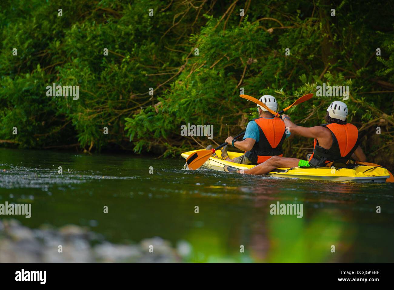 Portrait of two senior male friends kayaking together in the forest ...