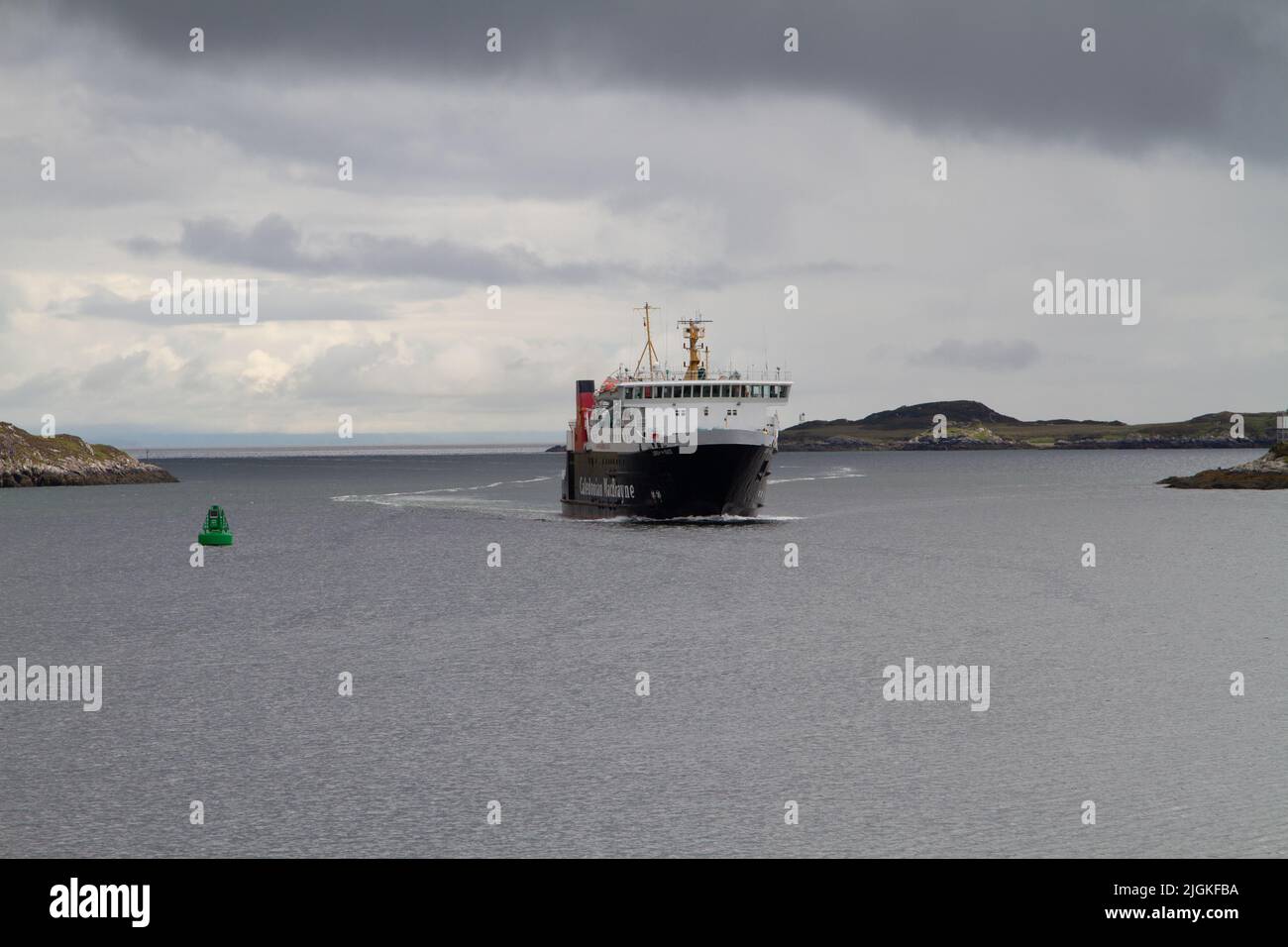 Ferry from Mallaig, approaching Lochboisdale harbour in South Uist ...