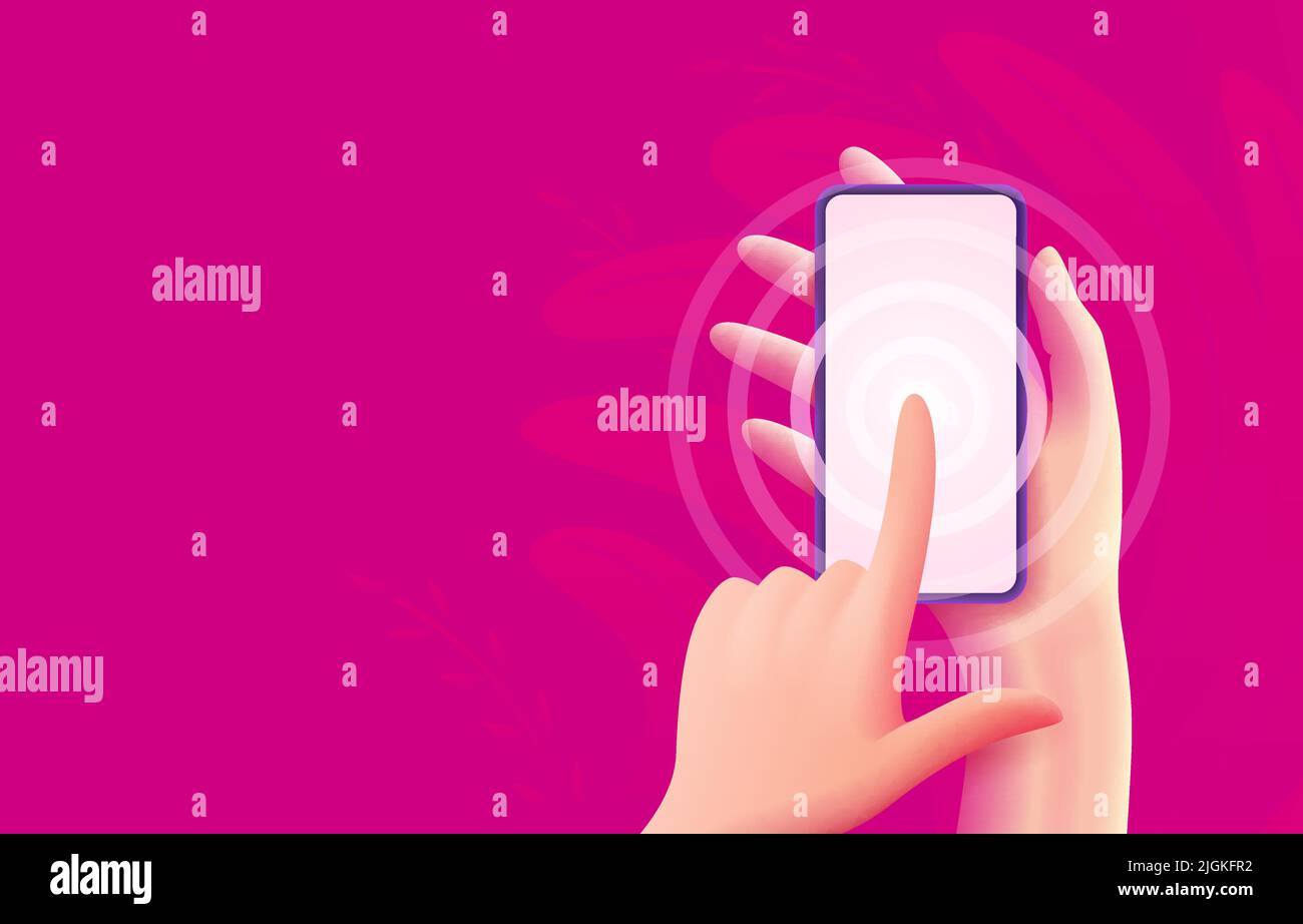 smartphone in hand, pressing the touchscreen, web banner. Vector ...