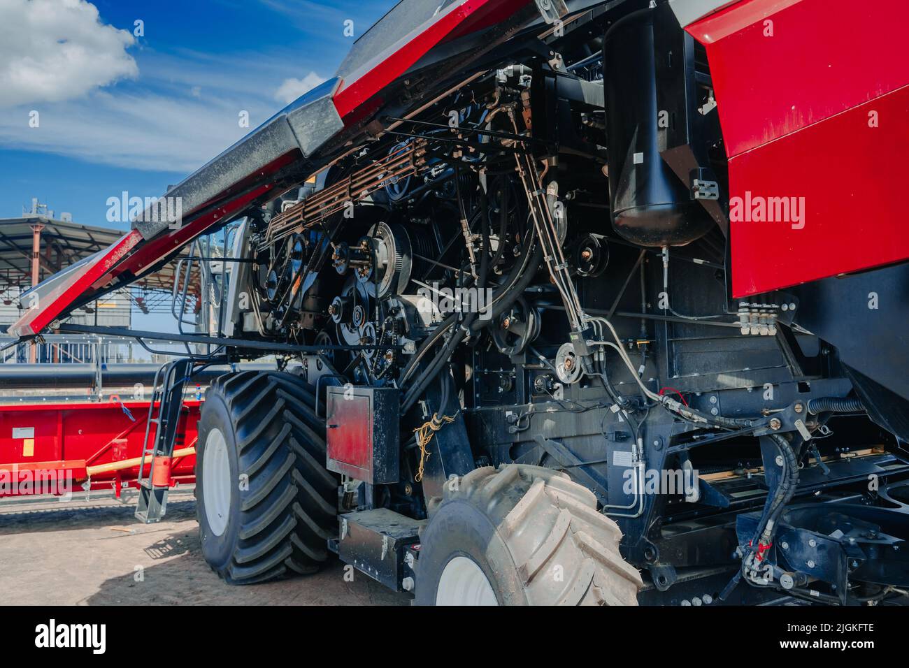 A view of the combine's motor. Big powerful industrial combine ...