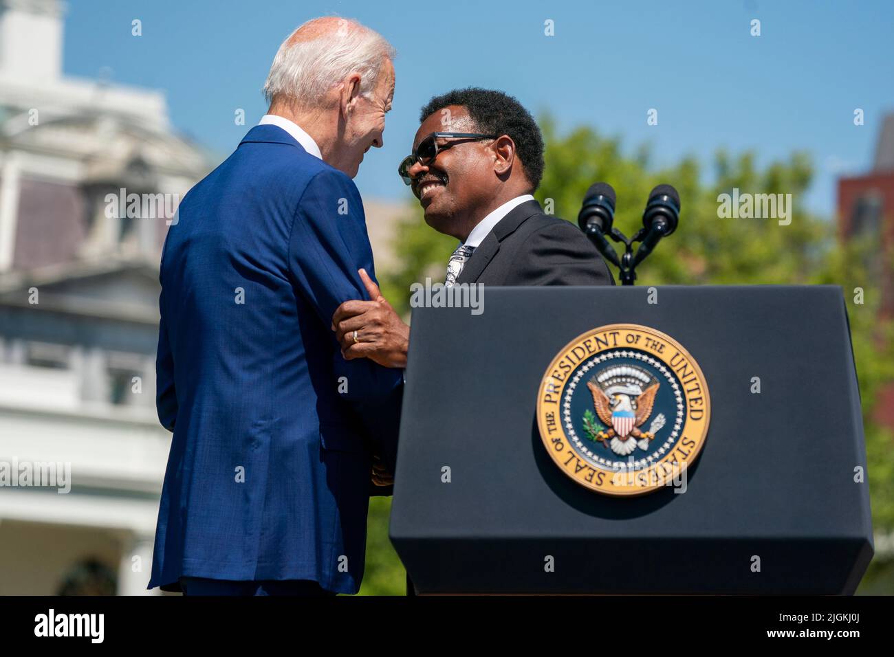 United States President Joe Biden talks with Garnell Whitfield, Jr ...
