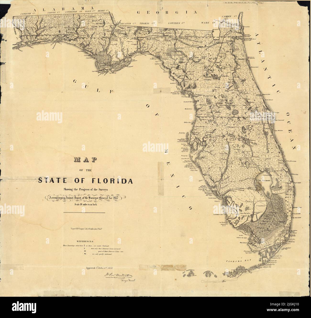 Map of Florida, Showing the Progress of the Surveys, 1857, by John ...