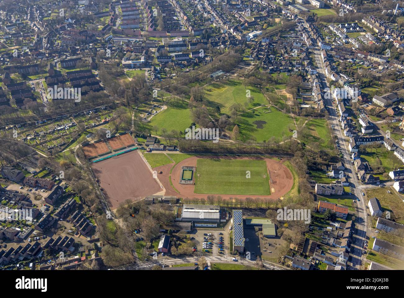 Aerial view, sports field and newly designed Volkspark with Pumptrack ...
