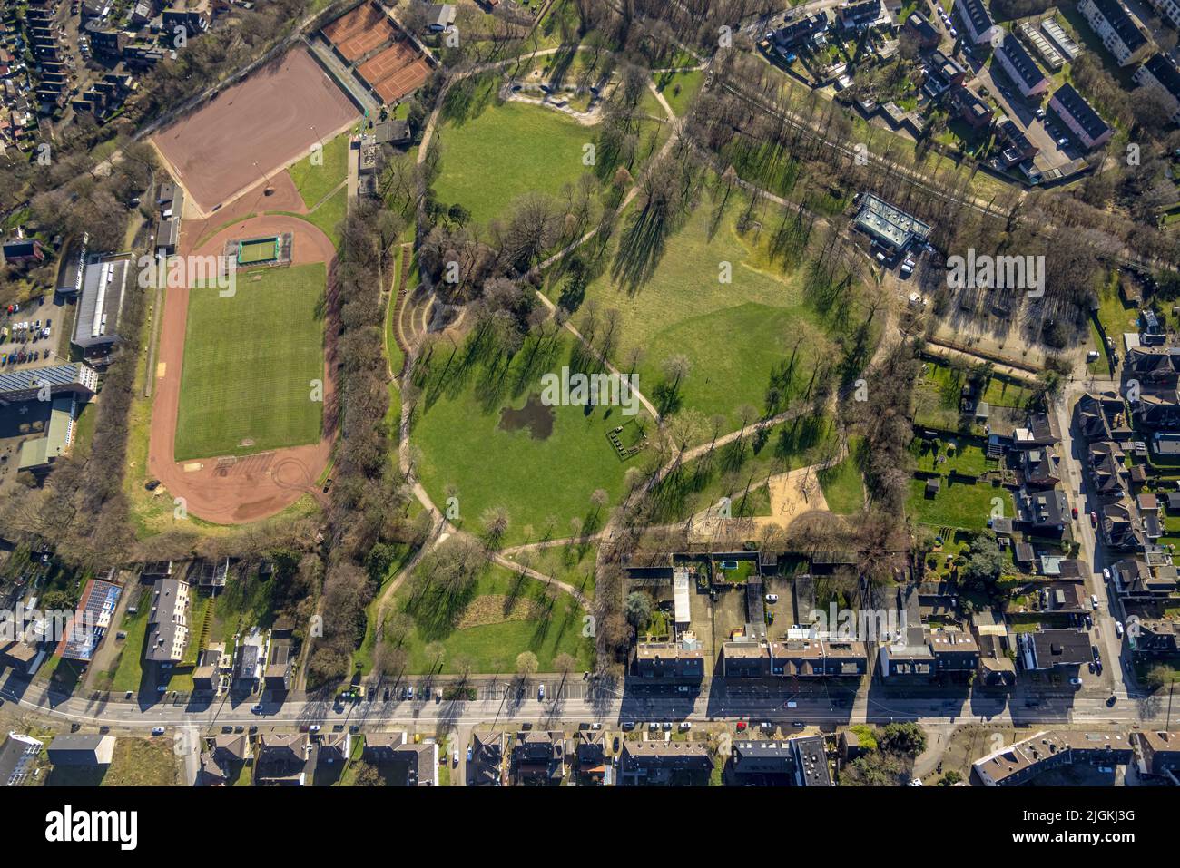 Aerial view, sports field and newly designed Volkspark with Pumptrack ...