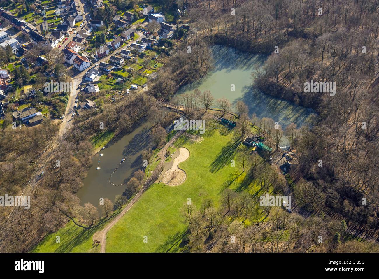 Aerial view, Revierpark Vonderort with desilting works at ponds in the ...