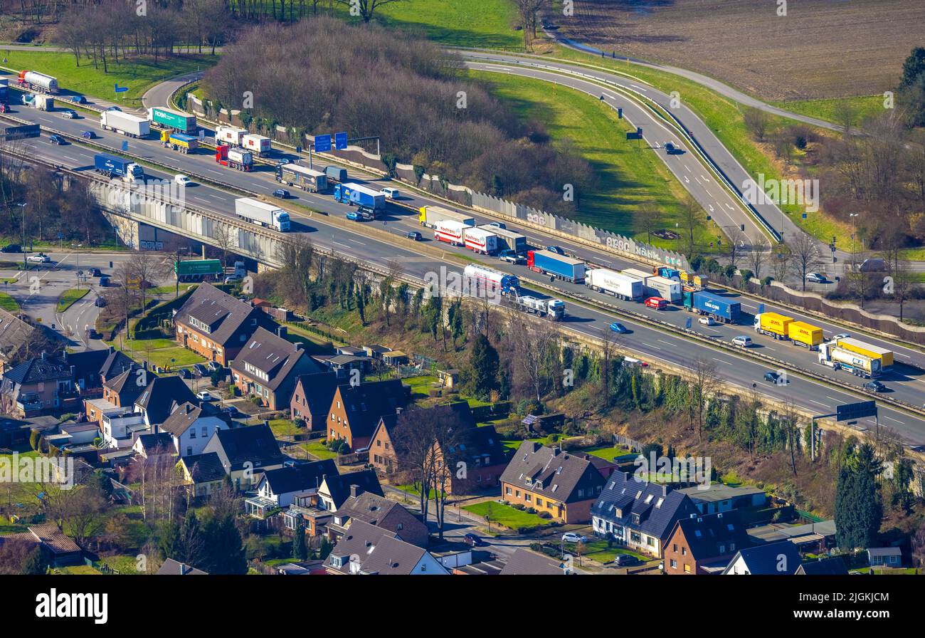 Aerial view, living on the motorway, traffic jam on the A2 motorway ...