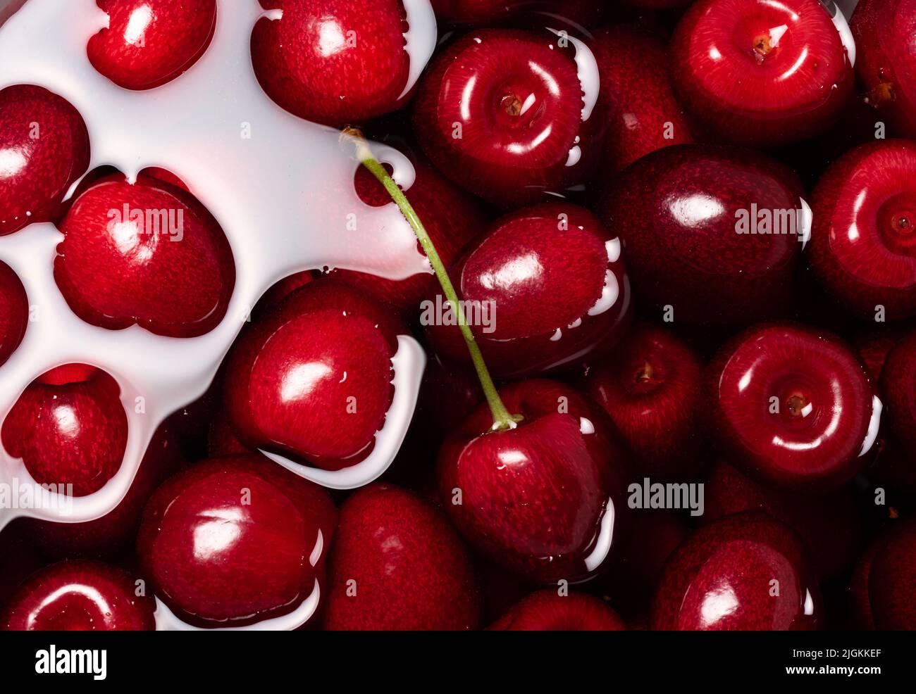 Red juicy sweet cherries. Juicy maroon fruit close-up. Cherries in magnification with light ...