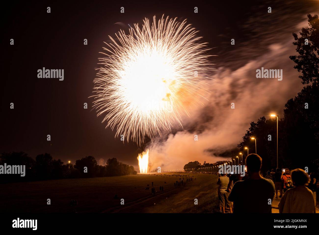 Zagreb, Croatia-June 19th, 2022: Fireworks festival at the Bundek lake ...
