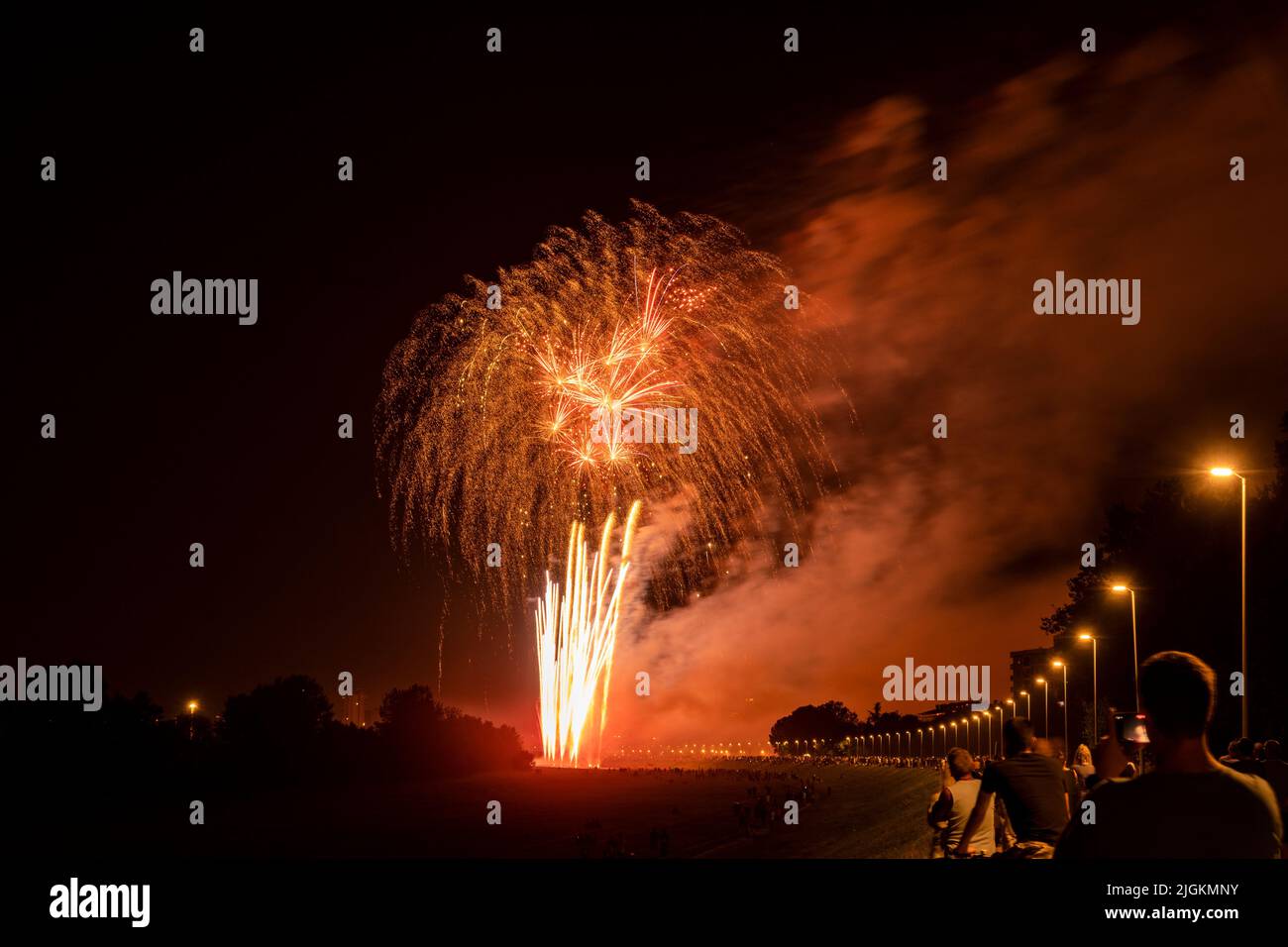 Fireworks festival at the Bundek lake, on the shore of Sava river at ...