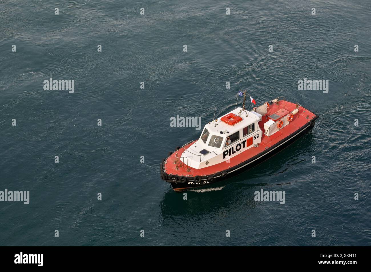 Athens, Greece - May 2022: Aerial view of a pilot boat coming alongside ...