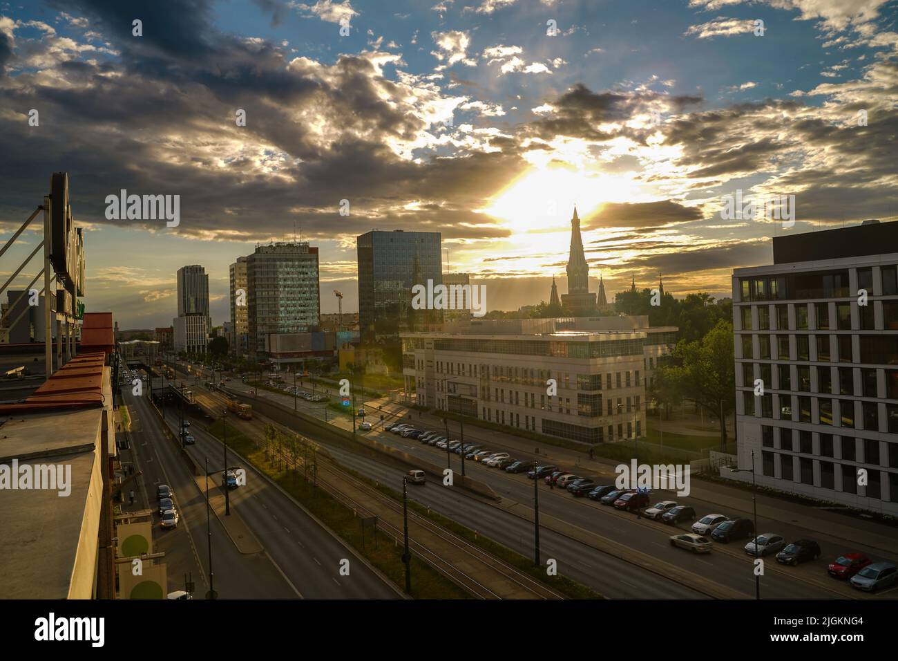 Wide angle aerial view of Lodz cityscape with mix of modern and ...