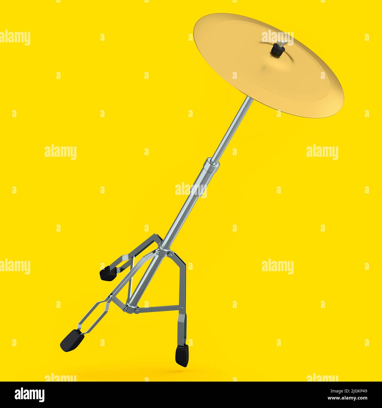 Metal cymbal on a stand on yellow. 3d render of musical percussion ...