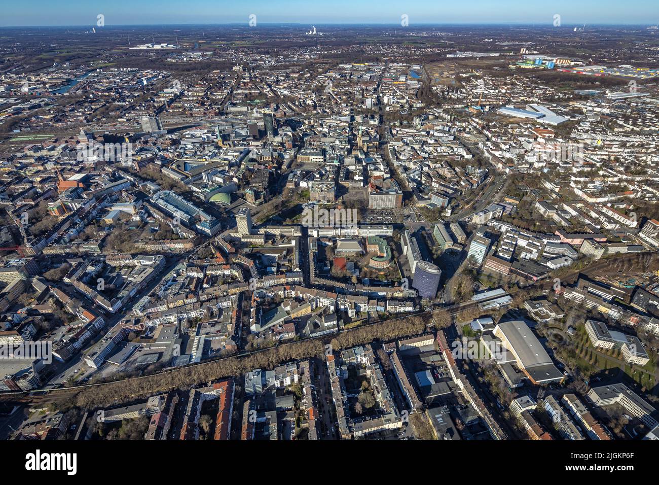 Aerial view, city centre with theatre, city hall, Friedensplatz and RWE ...