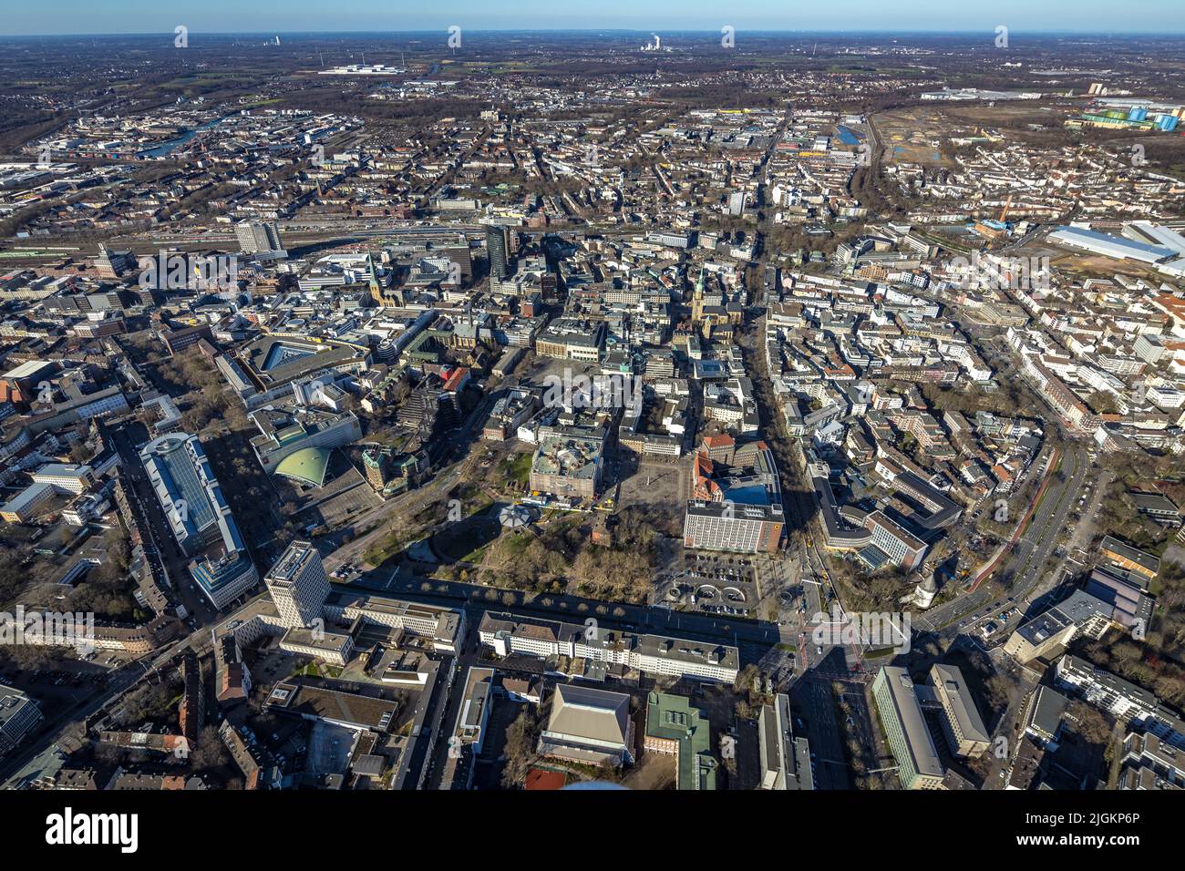 Aerial view, city centre with theatre, city hall, Friedensplatz and RWE ...