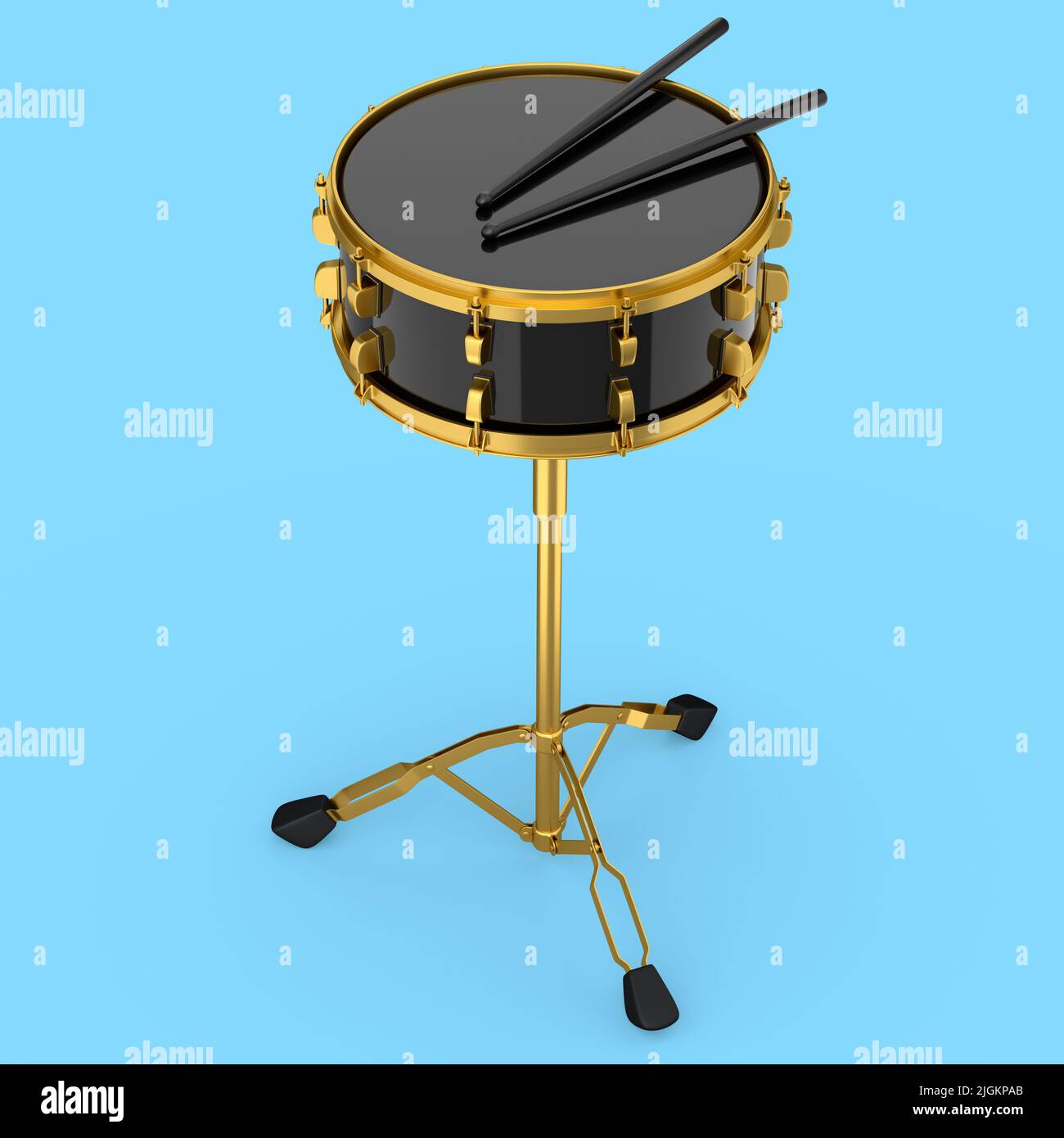 Realistic drum and wooden drum sticks and stand on blue background ...