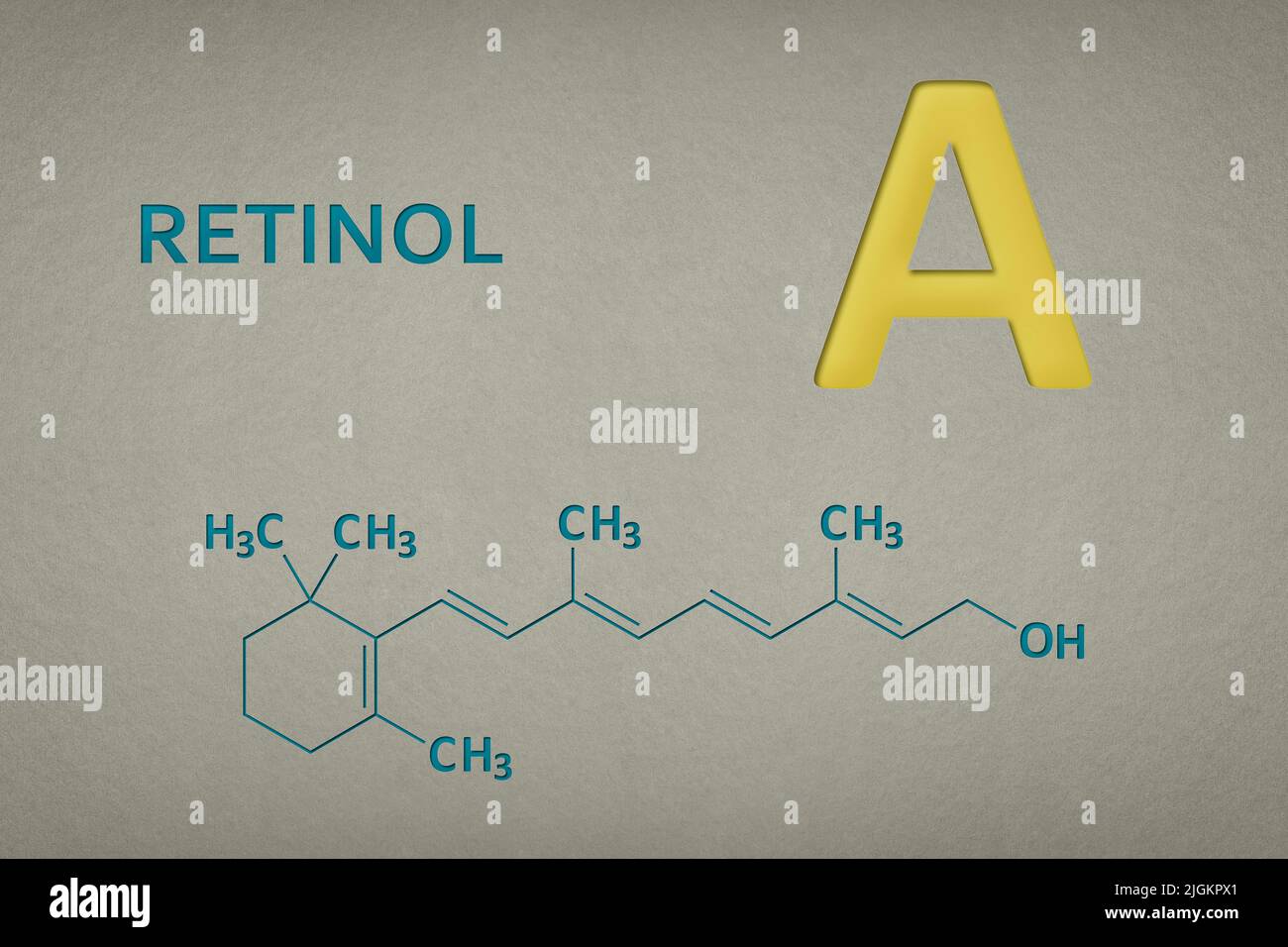 Vitamin A. Retinol 3d molecule on paper texture background. Skeletal ...