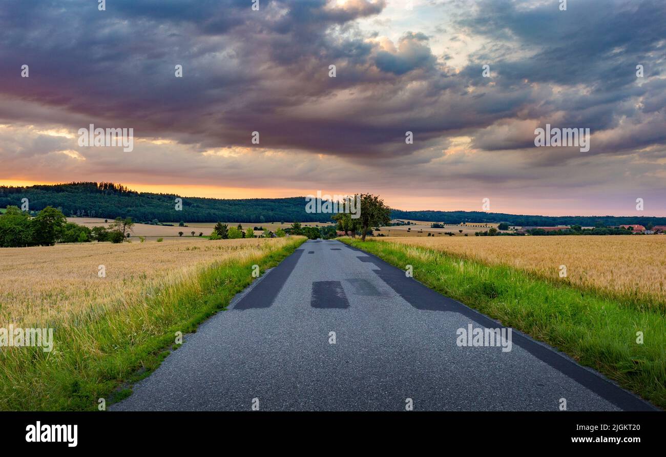 Road in rye fields. Summer evening. Sunset sky Stock Photo - Alamy