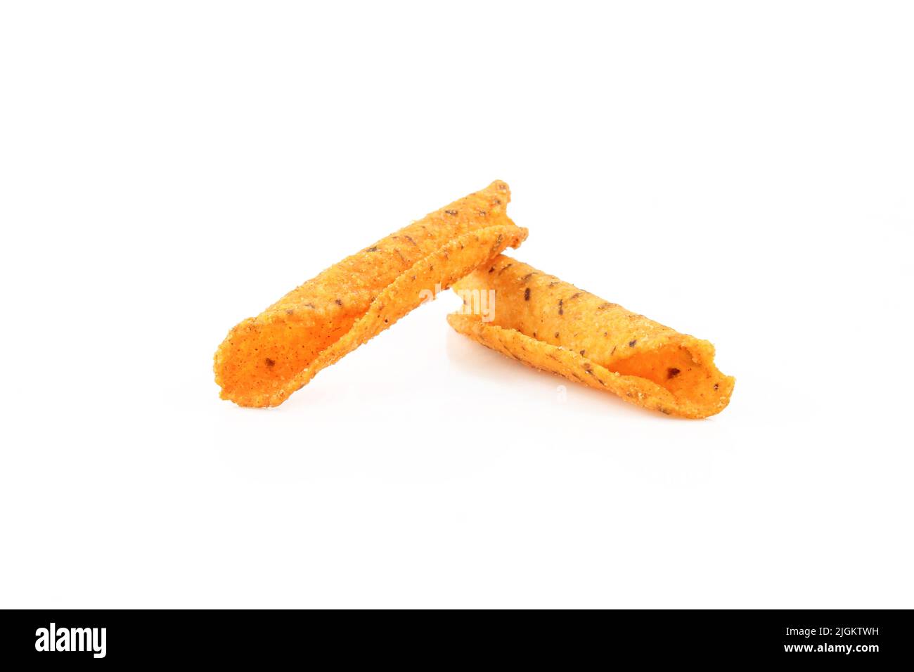 Spicy corn chips isolated on white background. Two tortilla chili rolls ...