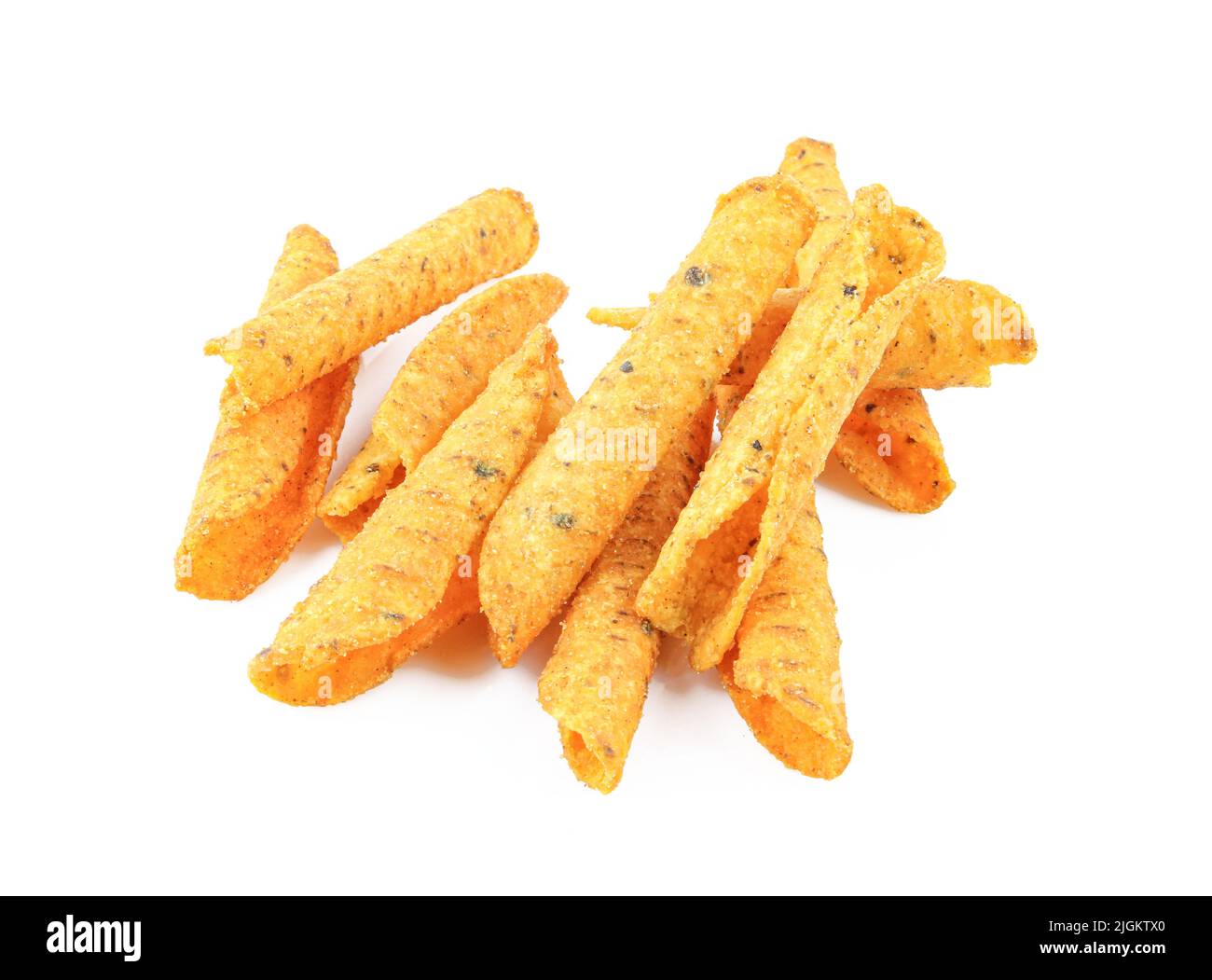 Spicy corn chips isolated on white background. Pile of chili rolls ...