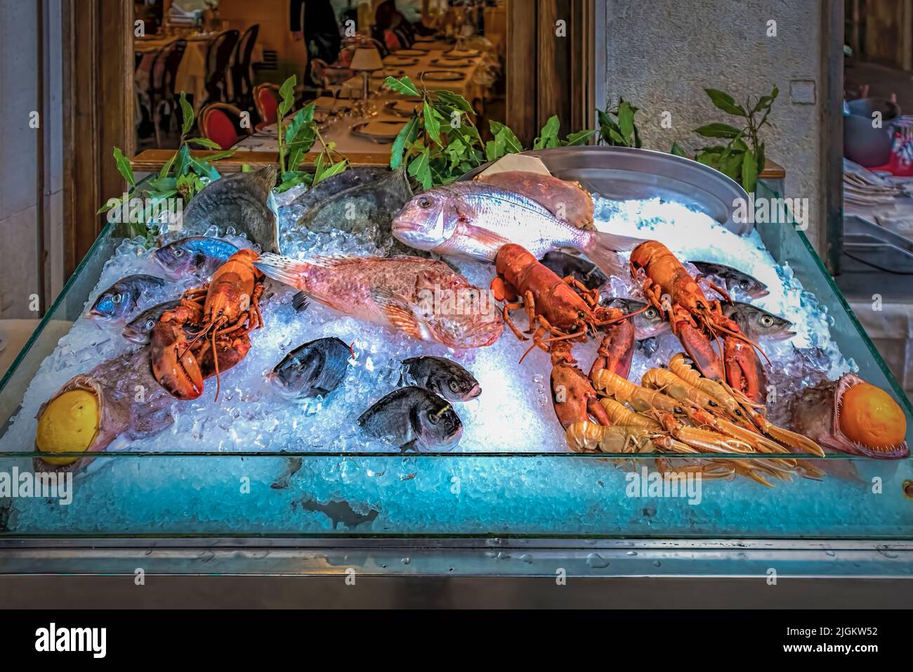 Fish and seafood display at a Restaurant in Venice, Italy Stock Photo ...