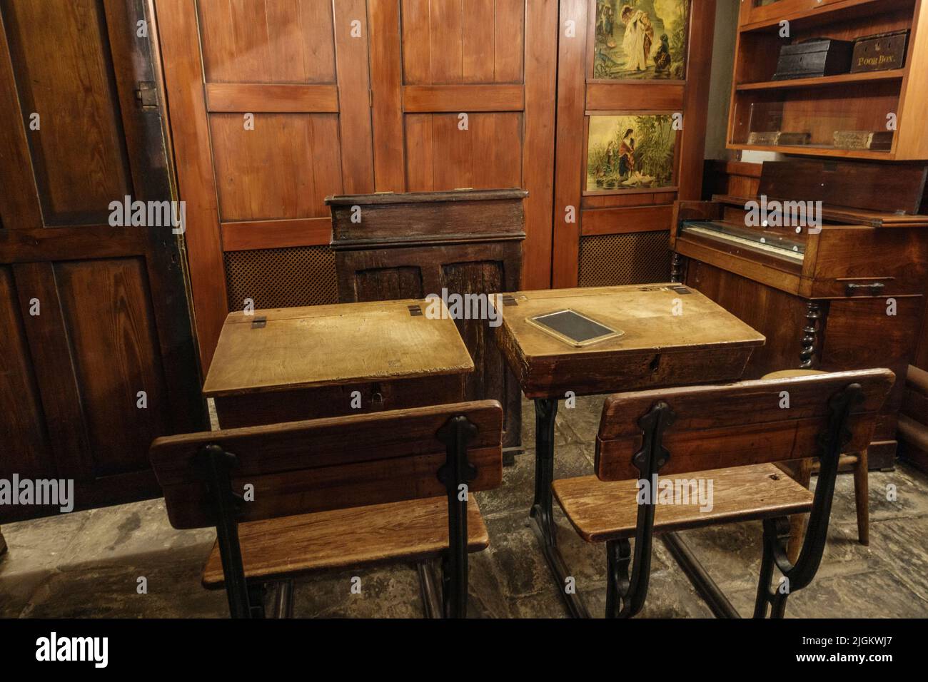 Desks in a recreation of a Victorian school inside the Abbey House ...