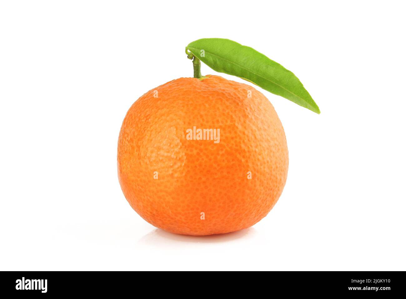 Single orange with stem and green leaf isolated on white background ...