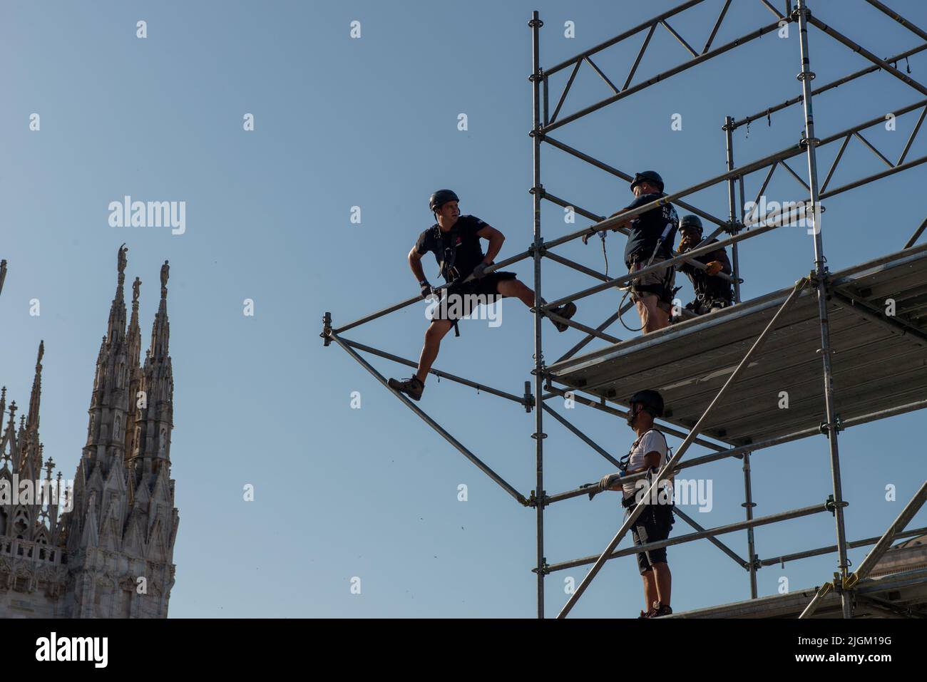 Milan Italy 29 June 2022: Workers who are assembling the stage ...