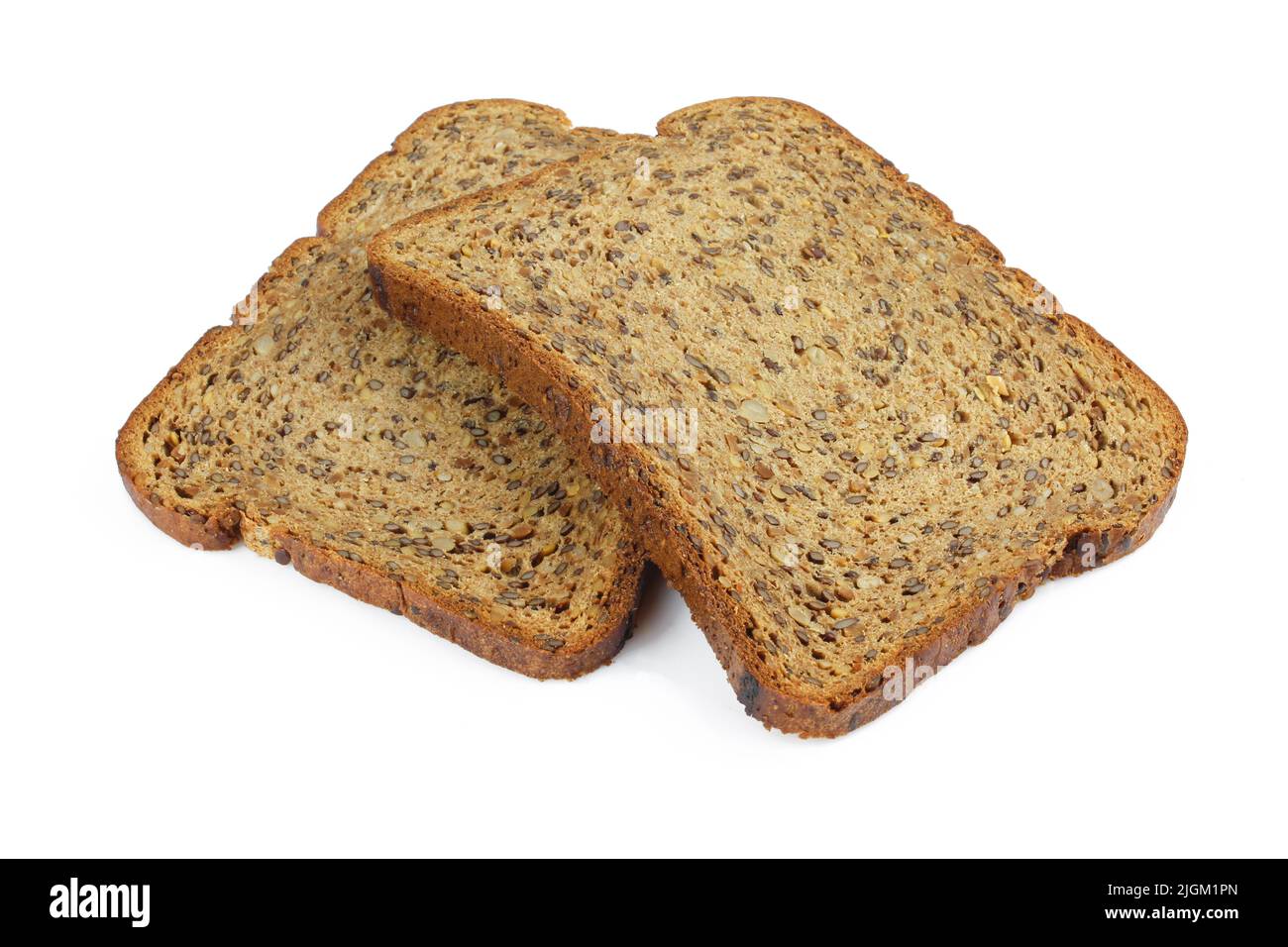 Two slices of wholemeal bread with seeds isolated on white background ...