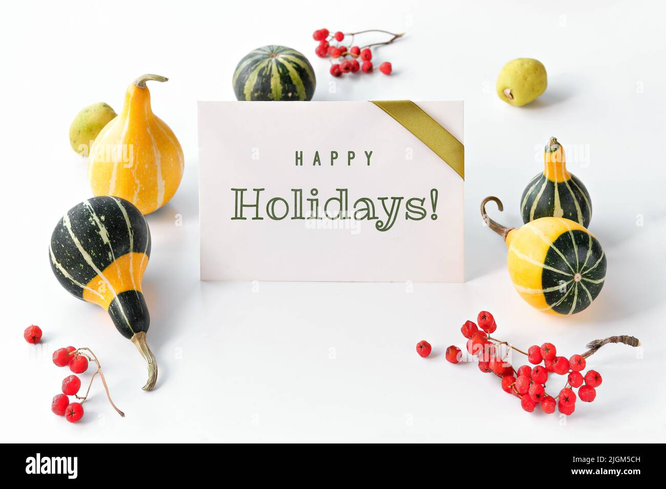 Autumn decorations, card with text Happy Holidays. Natural decorative ...