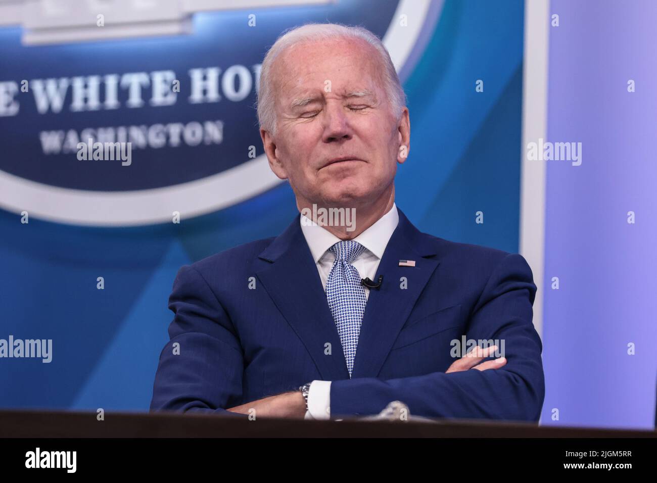 U.S. President Joe Biden reacts as he meets with leaders from the ...