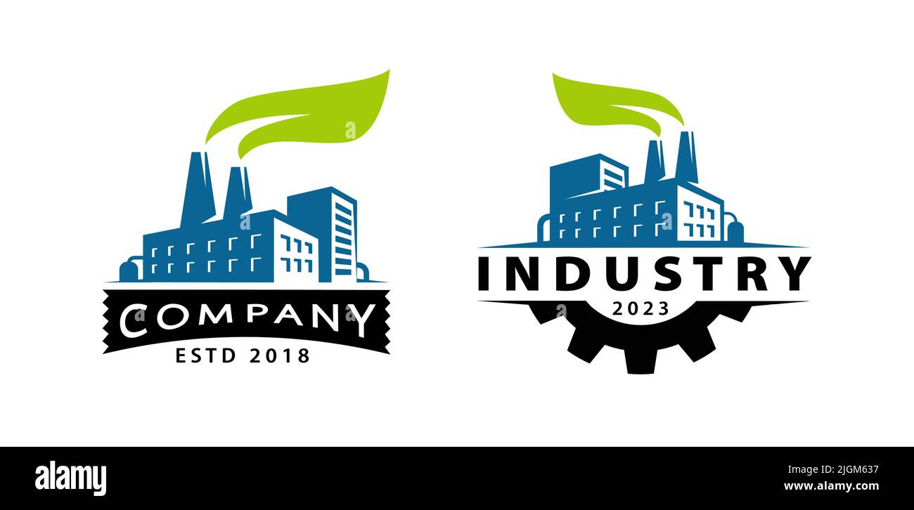 Eco energy factory with leaf logo. Industrial manufacturing concept ...