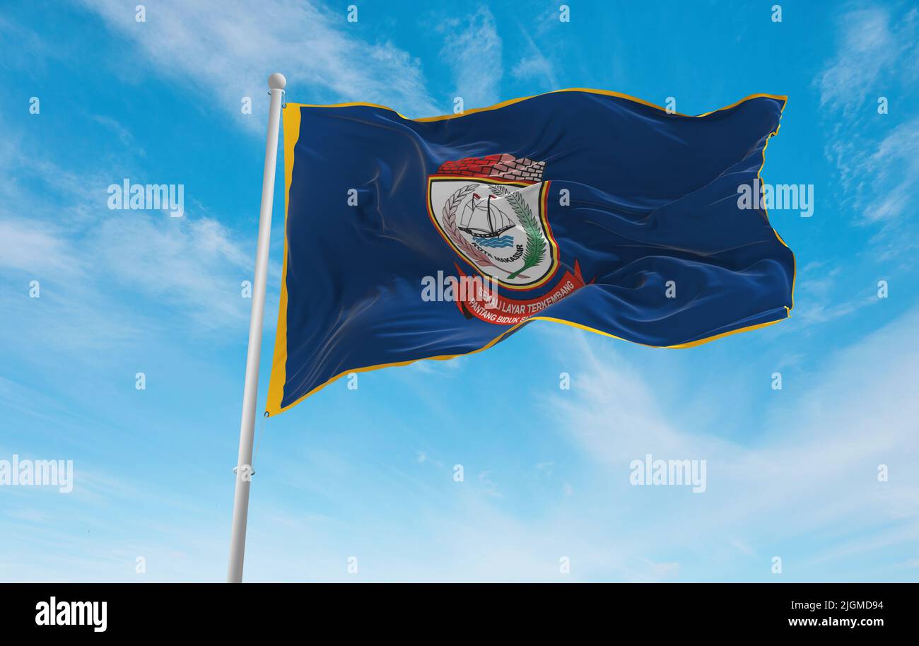 official flag of Makassar city Indonesia at cloudy sky background on ...