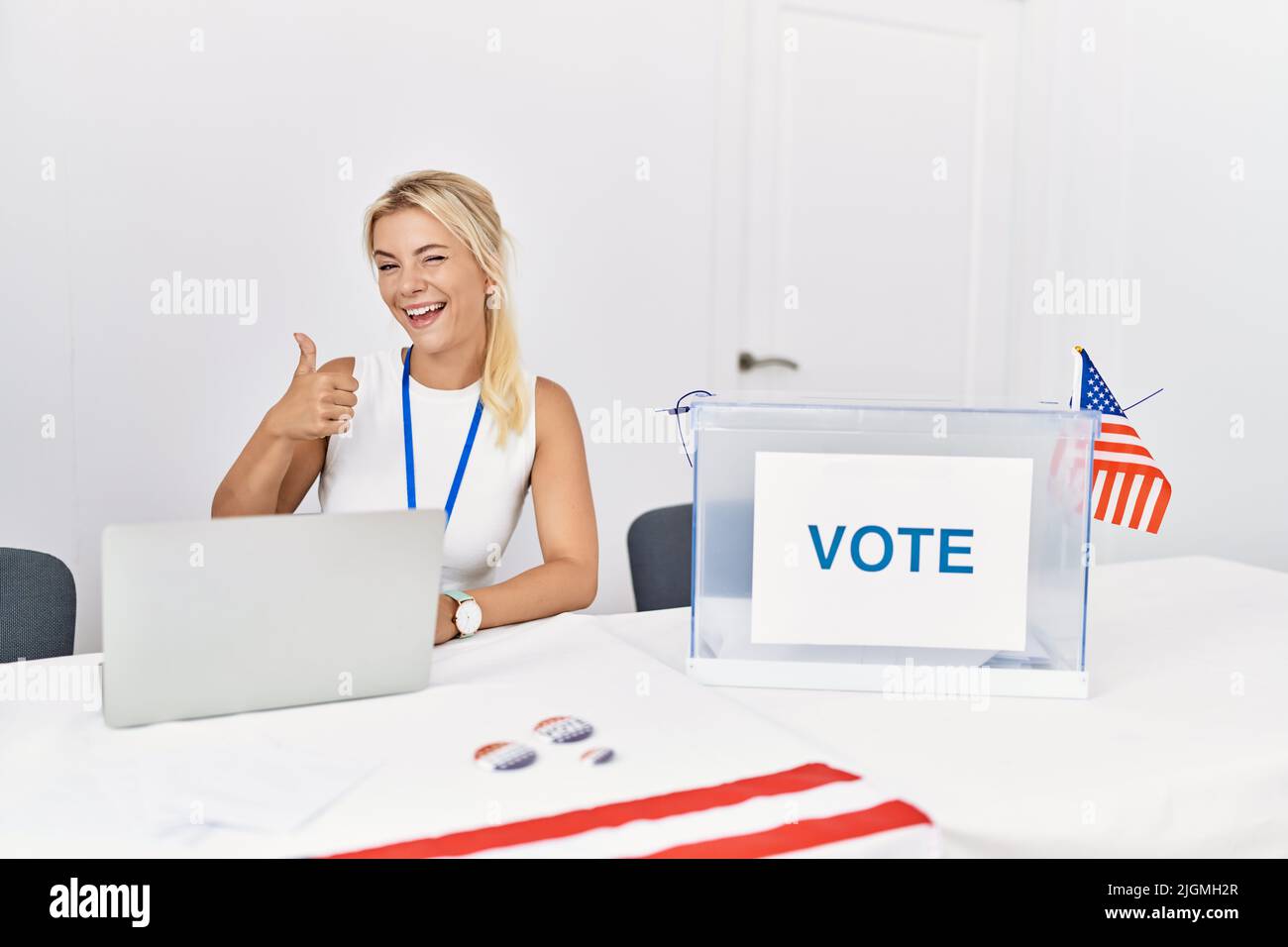 Young caucasian woman at america political campaign election doing ...
