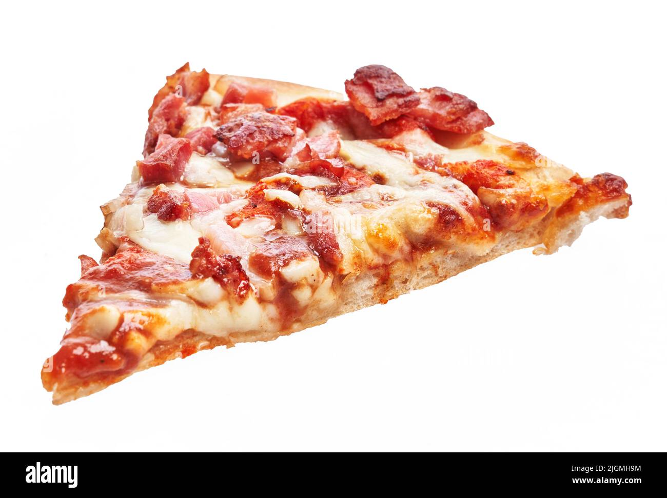 Slice of italian bacon pizza over white isolated background Stock Photo ...