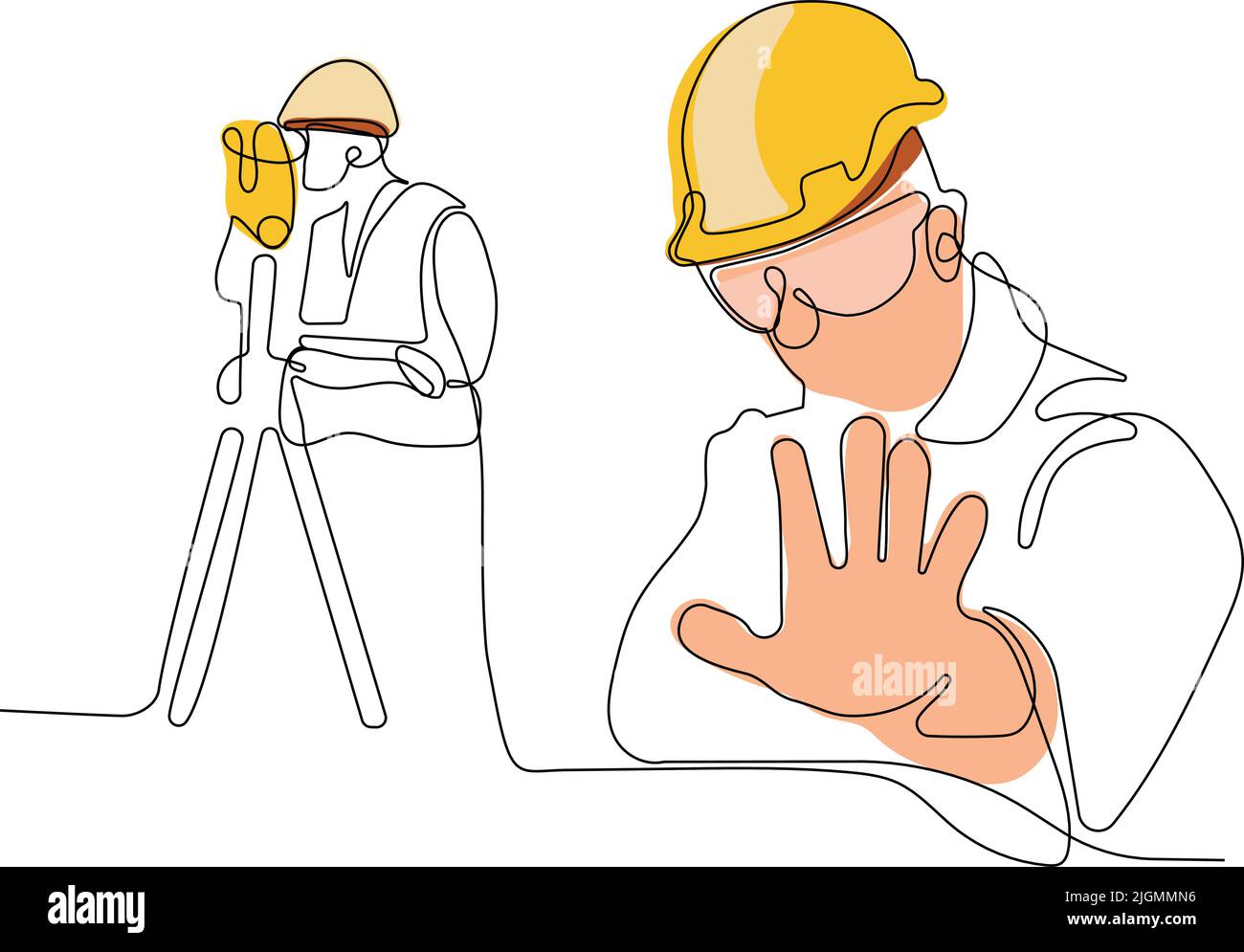 Caucasian worker with helmet on head using tablet Stock Vector Image ...