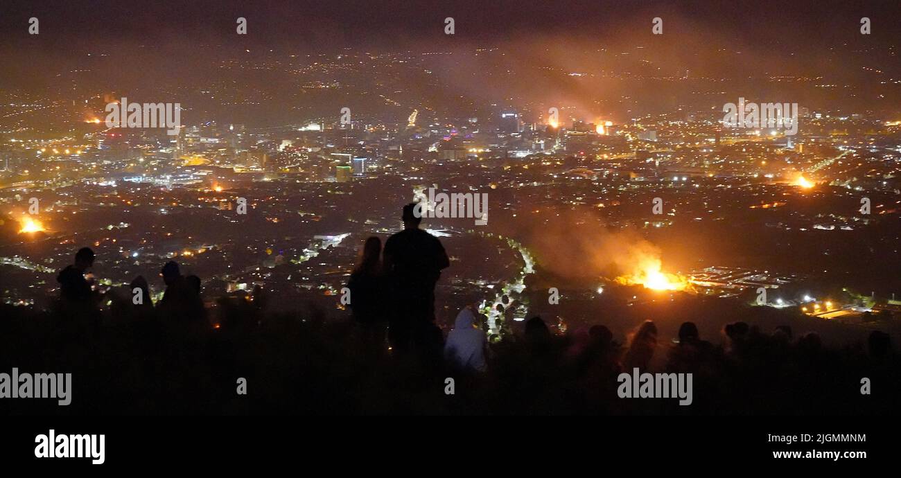 A view from Cavehill overlooking Belfast city of loyalist bonfires ...