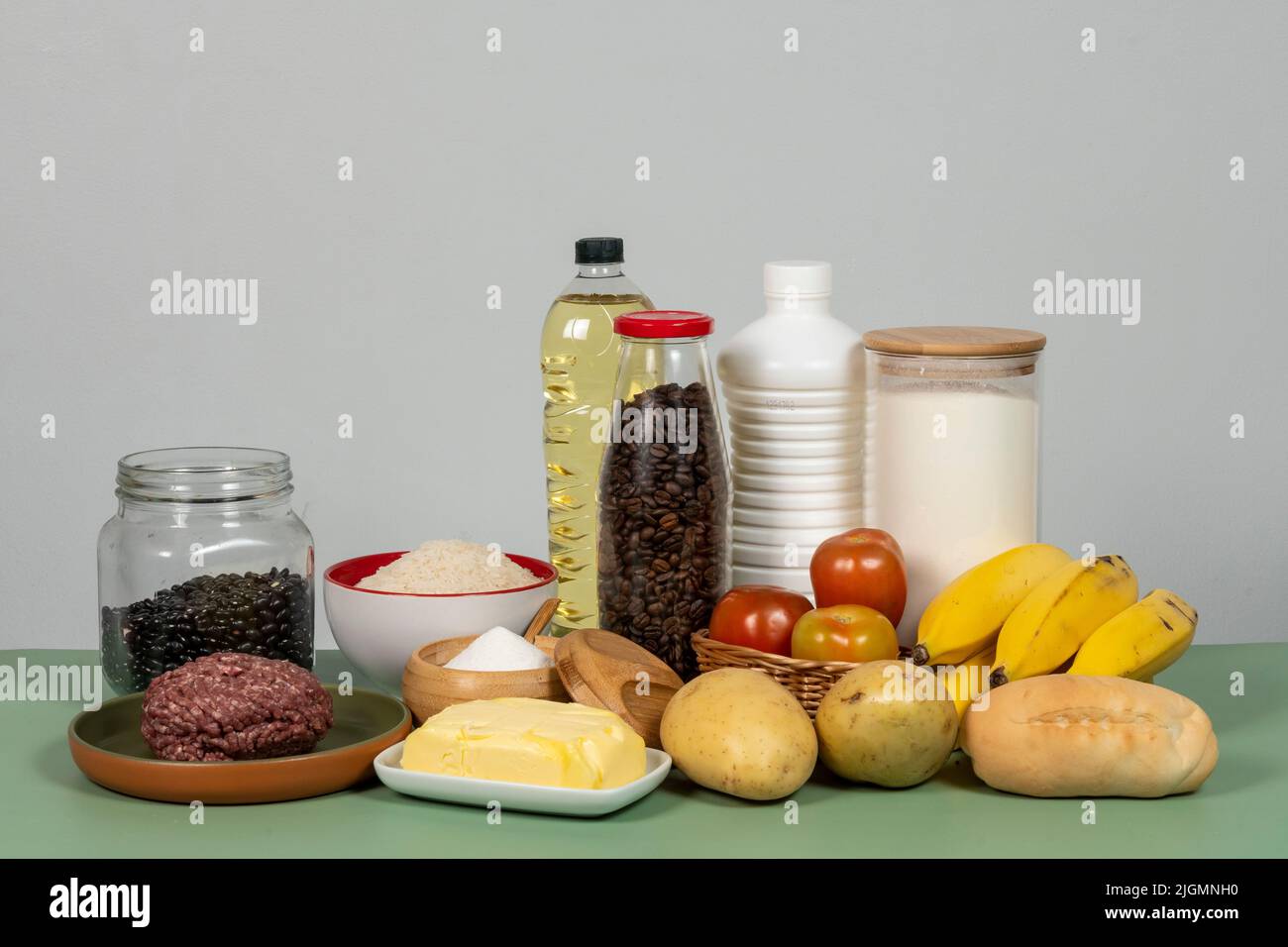 Brazilian basic food basket completed composed of 13 products: meat ...