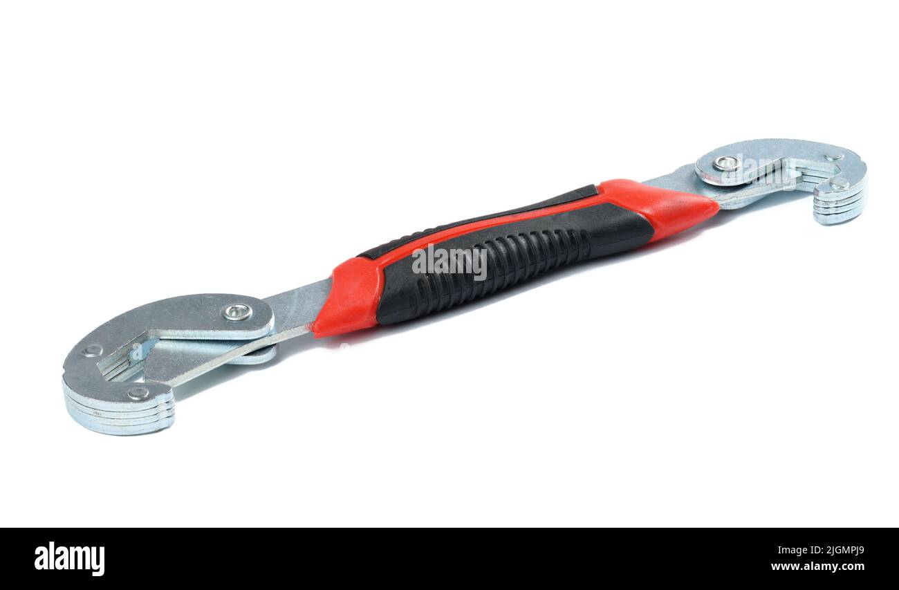 Metal adjustable wrench with rubber handle isolated on white background ...
