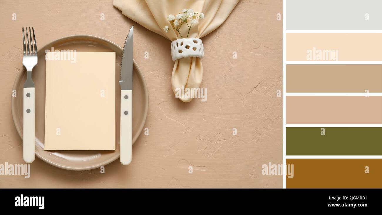 Beautiful table setting on beige background. Different color patterns ...