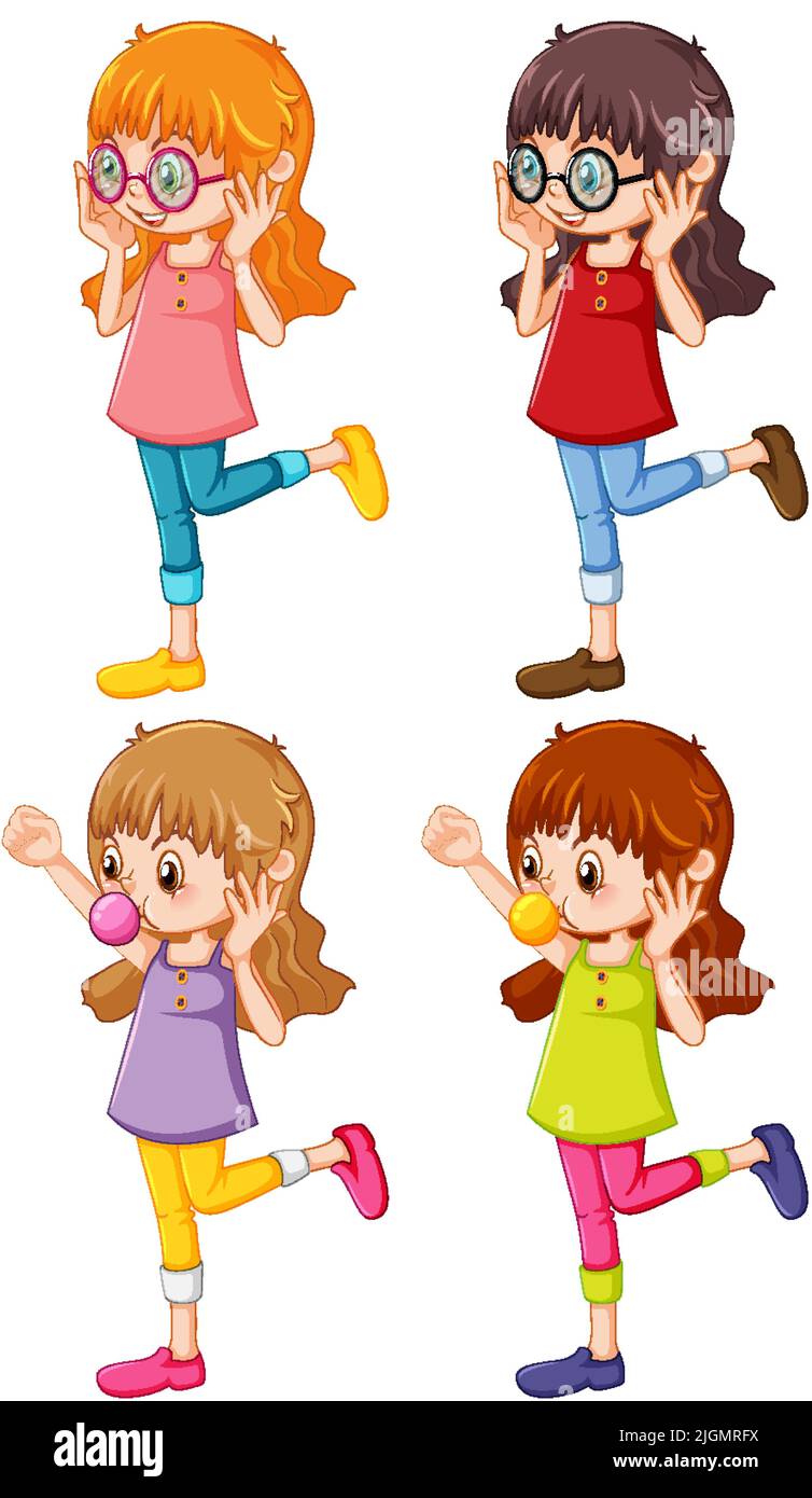 Set of different girls cartoon characters illustration Stock Vector ...