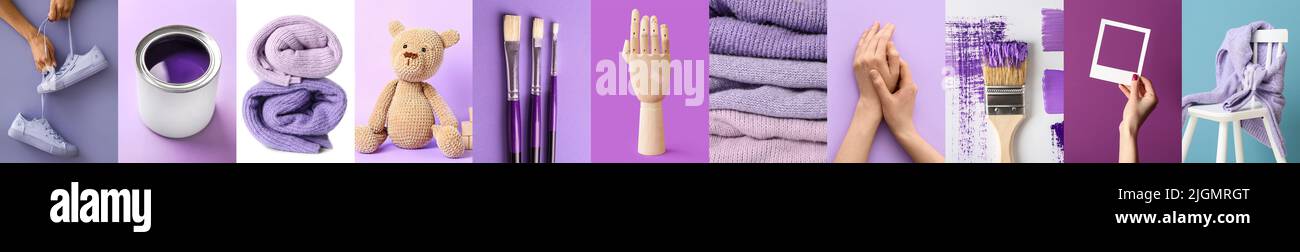 Creative collage of different photos in violet colors Stock Photo - Alamy