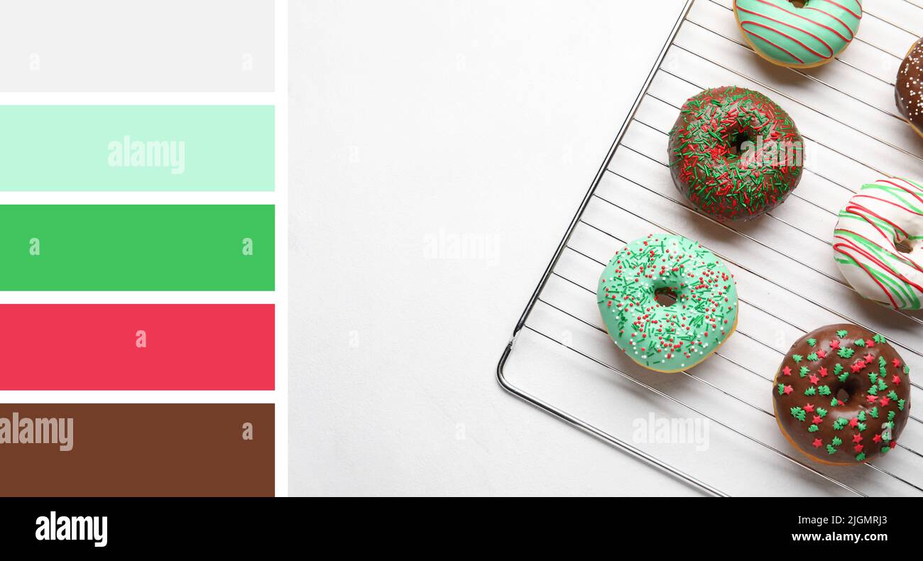 Many sweet donuts on light background. Different color patterns Stock ...
