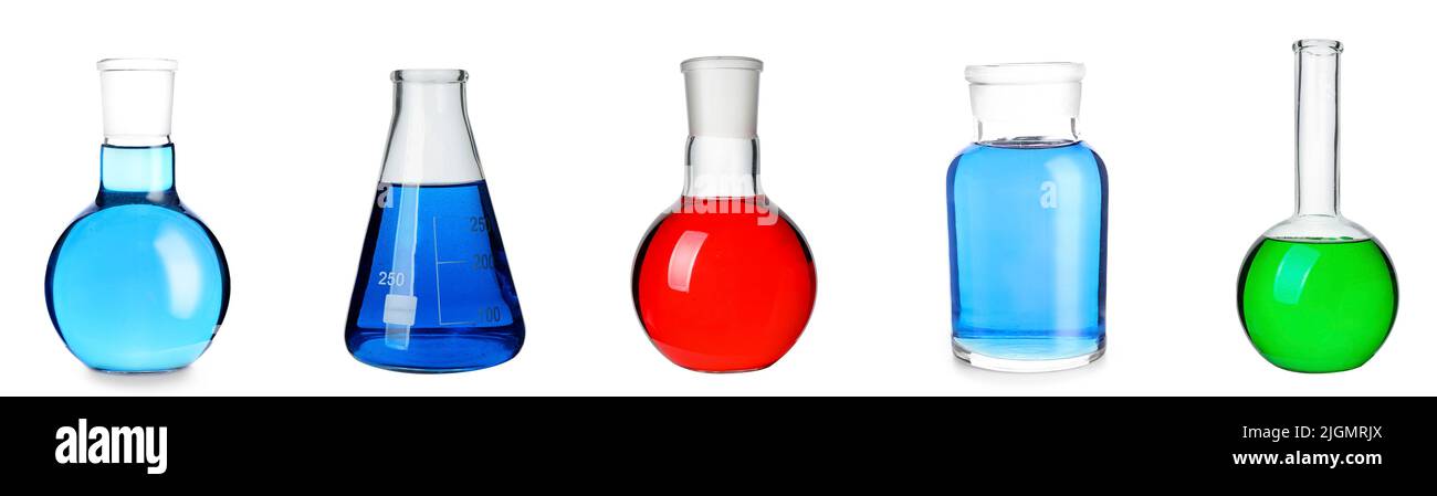 Set of laboratory glassware isolated on white Stock Photo - Alamy