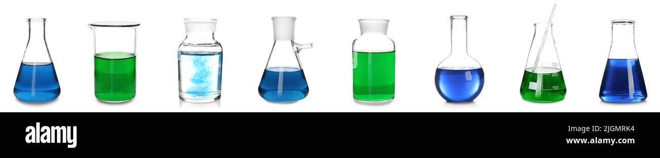 Set of laboratory glassware isolated on white Stock Photo - Alamy