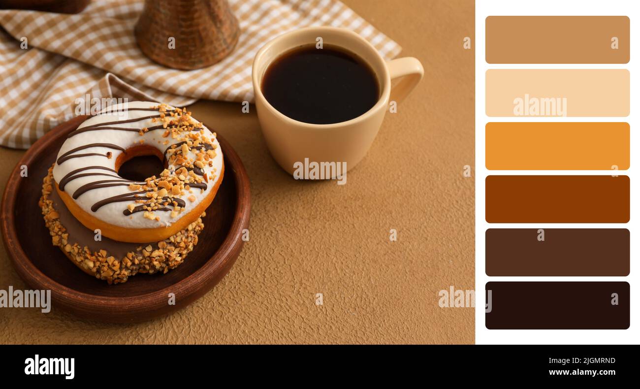 Tasty donuts and coffee on table. Different color patterns Stock Photo ...