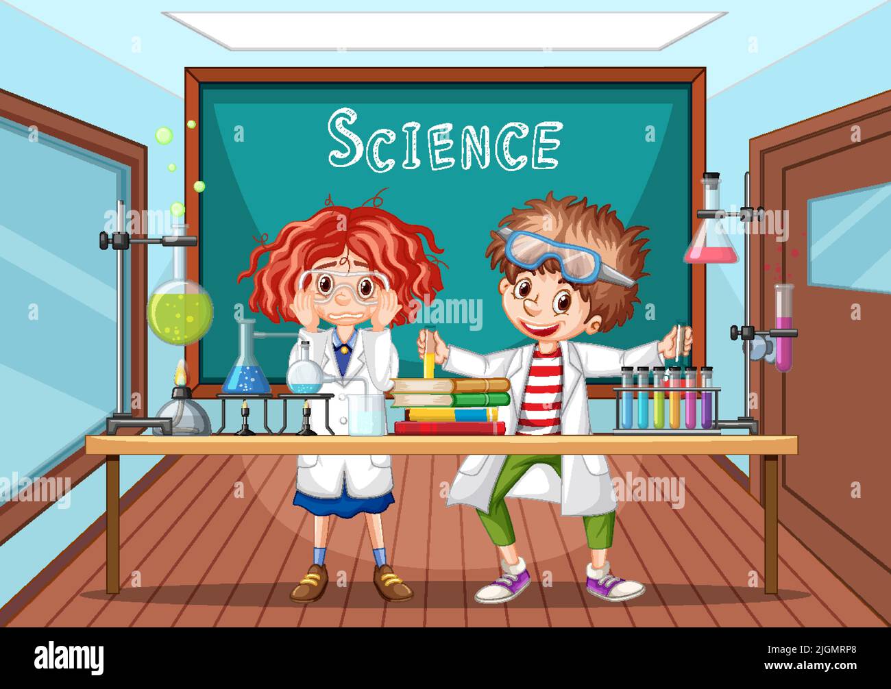 Classroom scene with scientist doing experiment illustration Stock ...